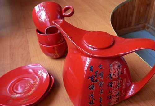 Чайник керамический и 3 чашки с блюдцами