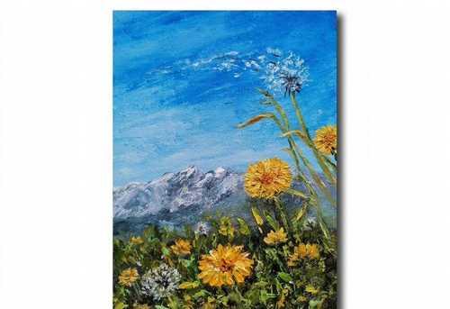 Картина маслом "Весна в горах",20 на15 см