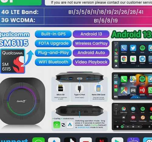 2025 Carlinkit Ai Box LED Android Беспроводной адаптер Carplay Android 13 Qualcomm 6115 8 ядер 64G S