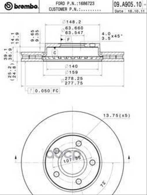 Диск тормозной передний ford Focus 2/volvo 09A9