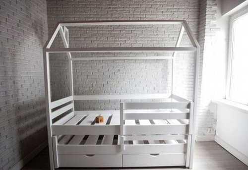 Выдвижная кровать-домик из березы для 2х детей