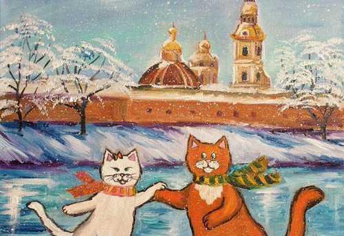 Картина маслом "Питерские коты"