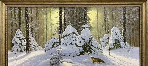 Картина маслом, охота "Лиса в зимнем лесу"
