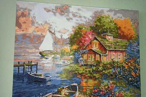 Картина "Домик и лодки" акрилом 40х50