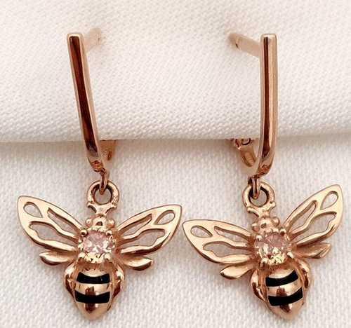 Золотые серьги подвески пчелы фианит Diamant