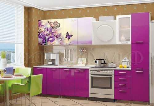Кухня с фотопечатью Весна Белый глянец/фиолетовый