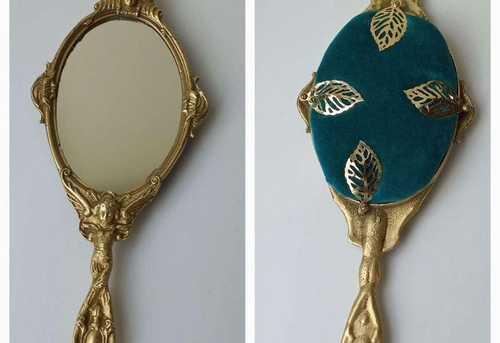 Старинное Дамское ручное зеркало Ангелы Латунь