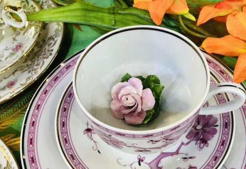 Чайная пара белый фарфор розовые цветы