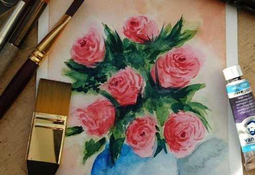 Картина розы в вазе 21х14 акварелью цветы