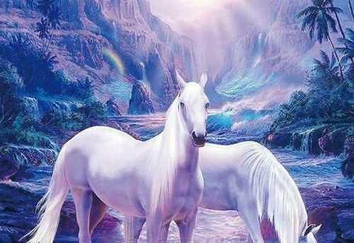Алмазная мозаика 40x50 Две белые лошади в лунной н