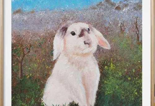 Картина миниатюра маслом кролик с оформлением