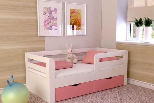 Кровать детская белая с ящиками и бортиками