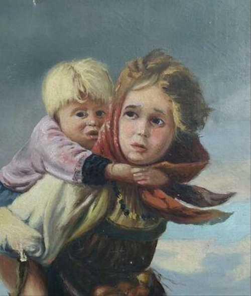 Старинная картина Дети бегущие от грозы
