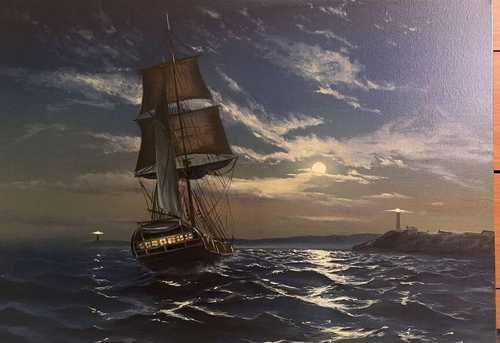 Картина маслом морской ночной пейзаж с кораблем