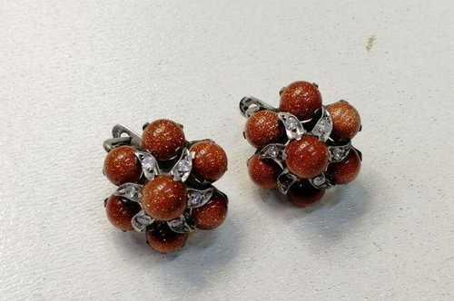 Серьги серебро 925 гр. камень Авантюрин Фианиты