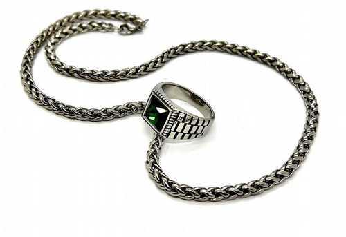 Мужской набор: цепь и перстень с зеленым камнем