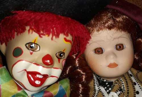 Куклы фарфоровые: клоун, дама