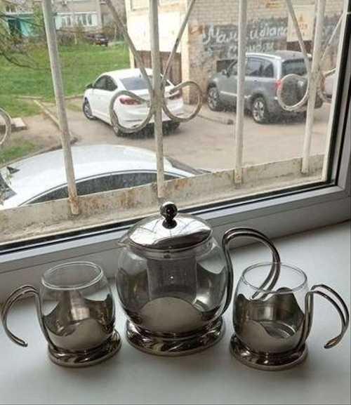 Чайник заварочный стеклянный и 2 чашки