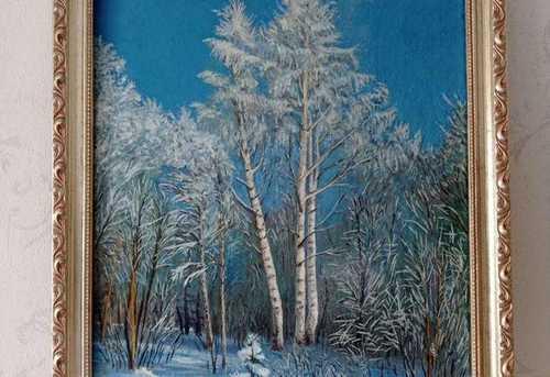 Картина маслом на холсте "Зимний пейзаж" в раме