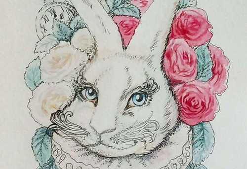 Розы акварелью.Алиса в стране чудес.Кролик картина