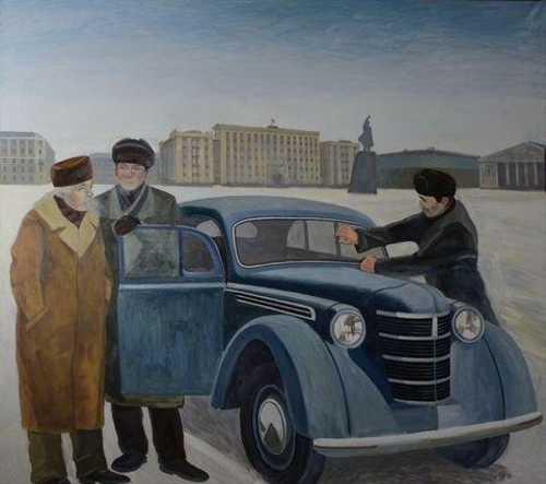 Картина "На площади" холст, масло, Москвич - 401