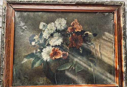Старинная Картина цветы в глиняной вазе Анри фатен
