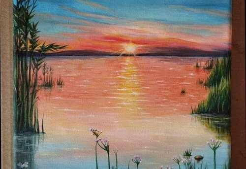 Картина Пейзаж "Закат у озера" акрил