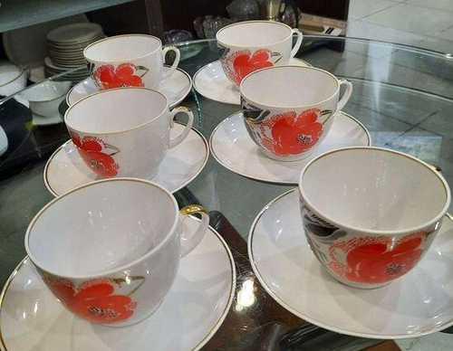 Чайные пары "Красный пион" лфз 1960-е 6 шт