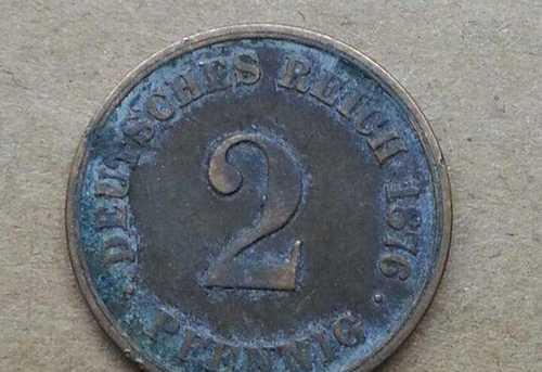 Монета Германская Империя 2 пфеннига 1876 год