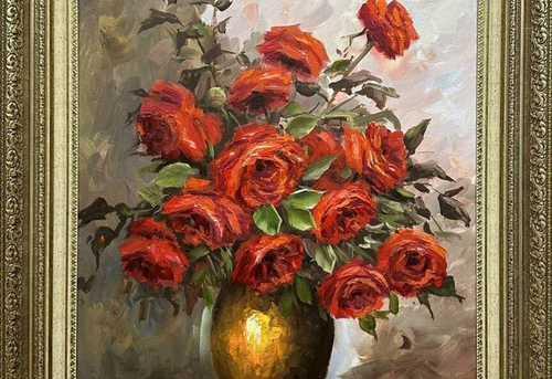 Картина маслом цветы «Красные розы» 70х50