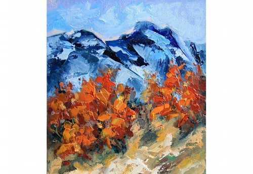Картина пейзаж с горами и золотая осень