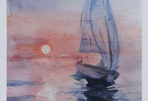 Картина акварелью, морской пейзаж, закат, А4