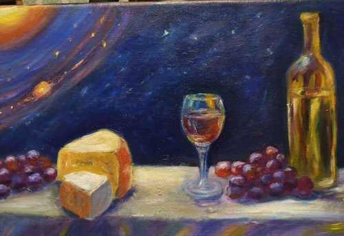 Картина маслом, виноград, звезды, сыр