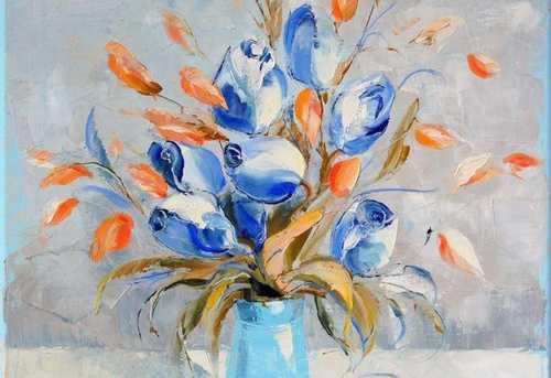 Картина маслом цветы. Букет в голубой вазе