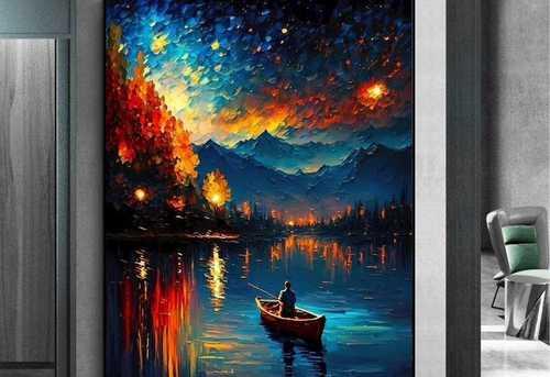Большая картина лодка в ночи Качественные краски