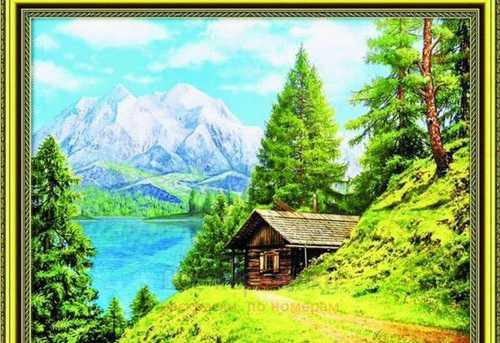 Алмазная мозаика 40x50 Деревянный домик у озера в