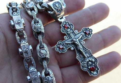 Цепочка святые и крест с рубинами, серебро 925