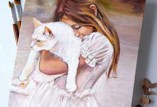 Картина маслом с детьми Любимый кот