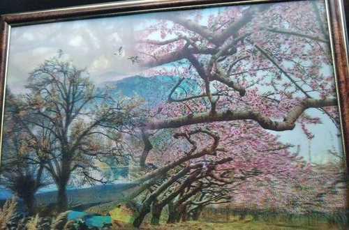 Картина стерео - Цветущий сад-Река и горы 28х38 см