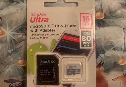 Флеш карта microsd 16 Gb Sandisk + adapter