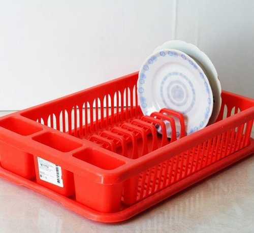 Сушилка для посуды красная пластиковая с поддоном