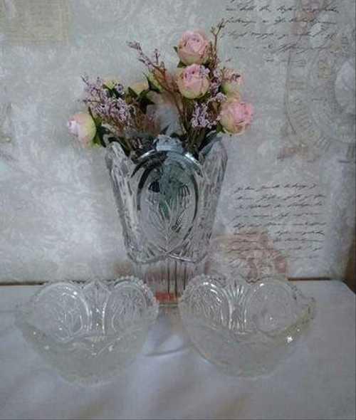Хрустальная ваза для цветов и розетки СССР