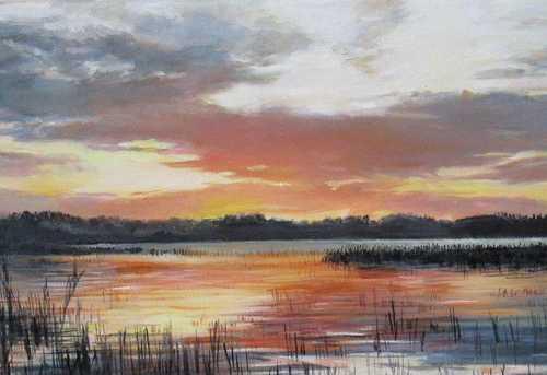 Картина маслом "Закат на озере"