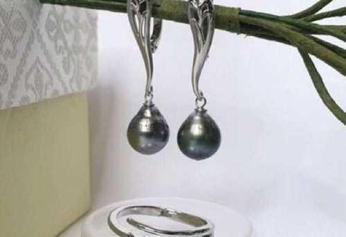 Серебряные серьги и кольцо с жемчугом Таити