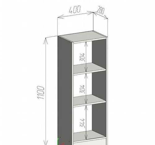 Стеллаж книжный 1100х400х280 мм, 2 полки, Белый