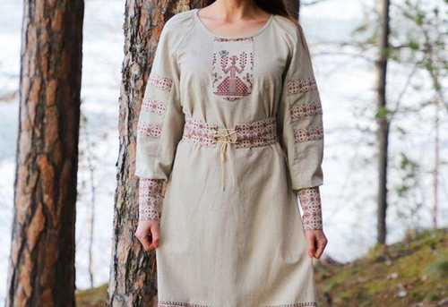 Платье Славяночка с символом Жива серо-бордовое