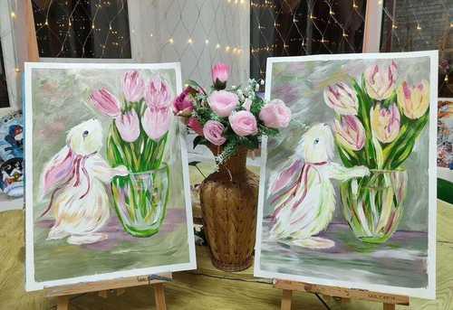 Рисунки "Заяц с тюльпанами" к 8 марта, на конкурс
