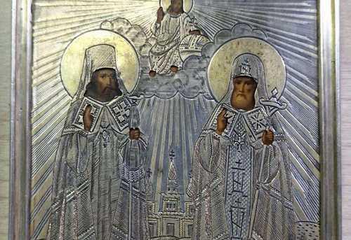 Старинная икона Святителей.Серебро 84