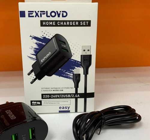 Блок питания сетевой 2 USB Exployd EX-Z-1432, easy, 2.4A, кабель микро USB, цвет: чёрный