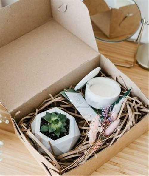 Подарочный BOX: стабилизированый мох и свеча в каш